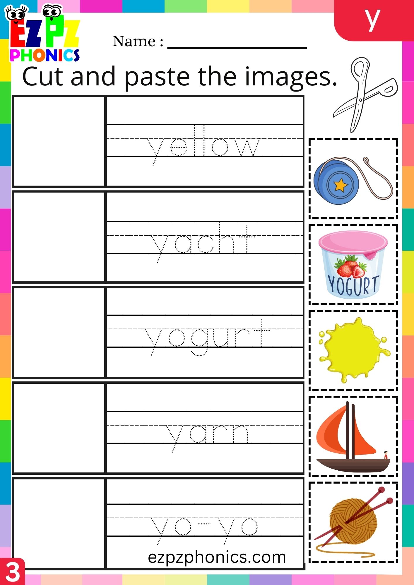 Letter y Cut and Paste the Images and Write the Words Group 3 - ezpzphonics.com